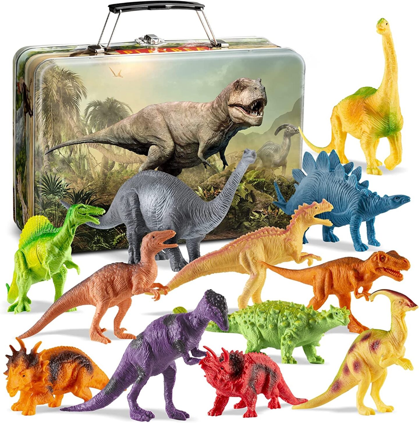12 Pieces 7-Inch Realistic Dinosaurs Figures with Storage Tin Box ...